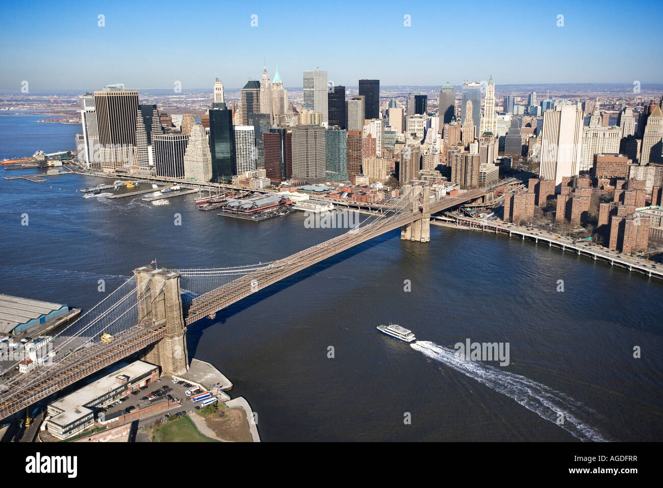 Aerial view of in New York City with Brooklyn Bridge and Manhattan ...