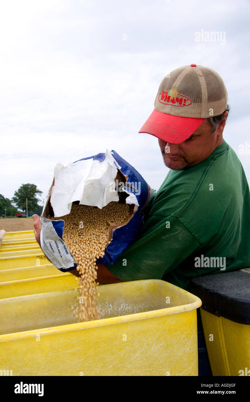 A farmer loading soy bean seeds into a planter in the east central ...