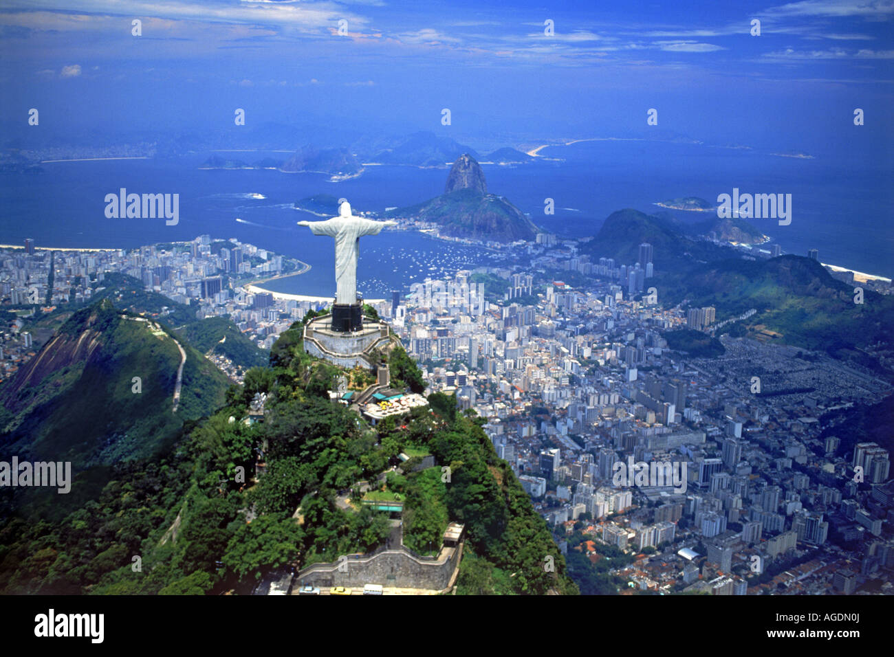 Aerial view of Corcovado above Botafogo Bay and Pao de Acucar in Rio de ...