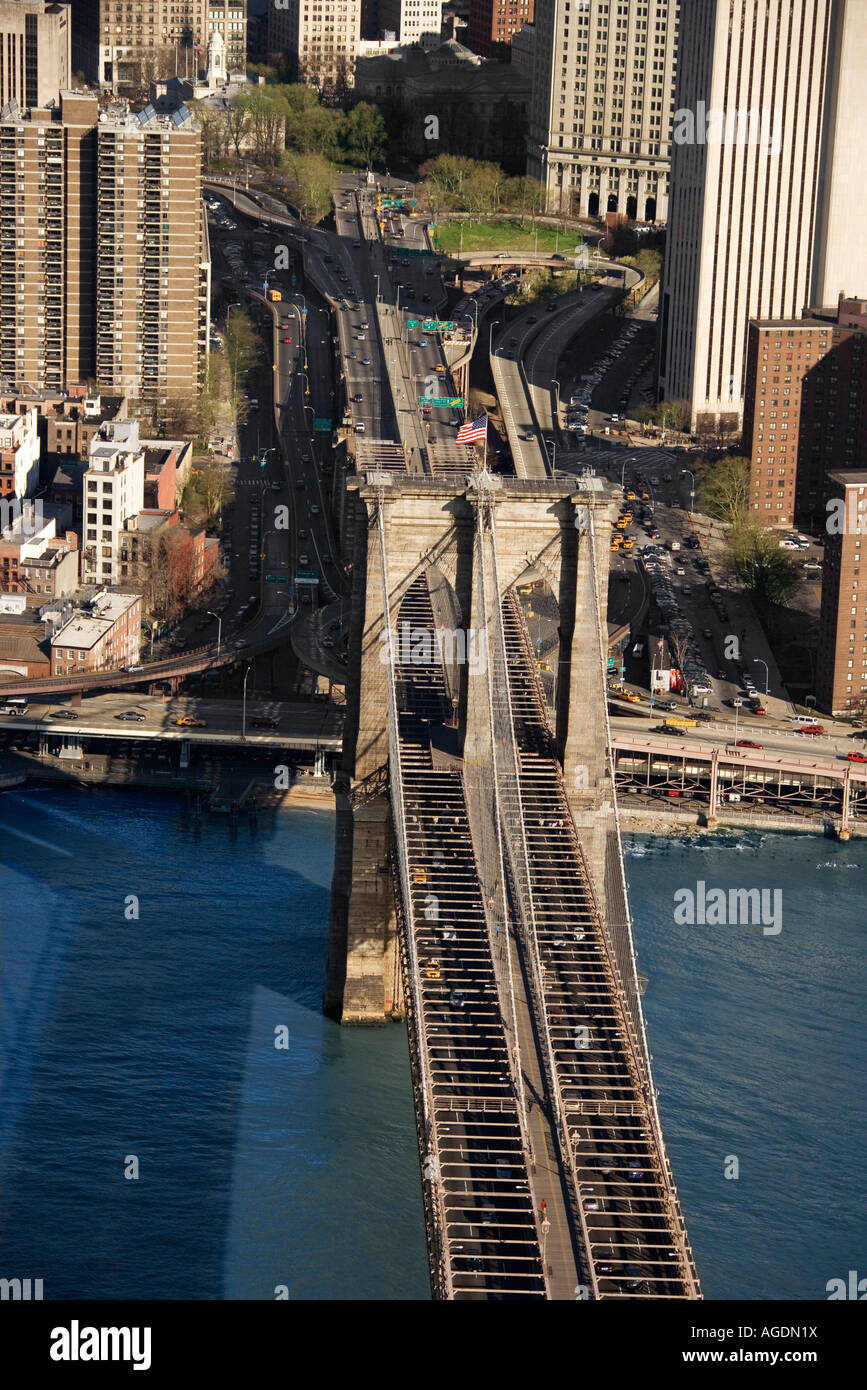 Aerial view of Brooklyn Bridge with New York City buildings Stock Photo ...