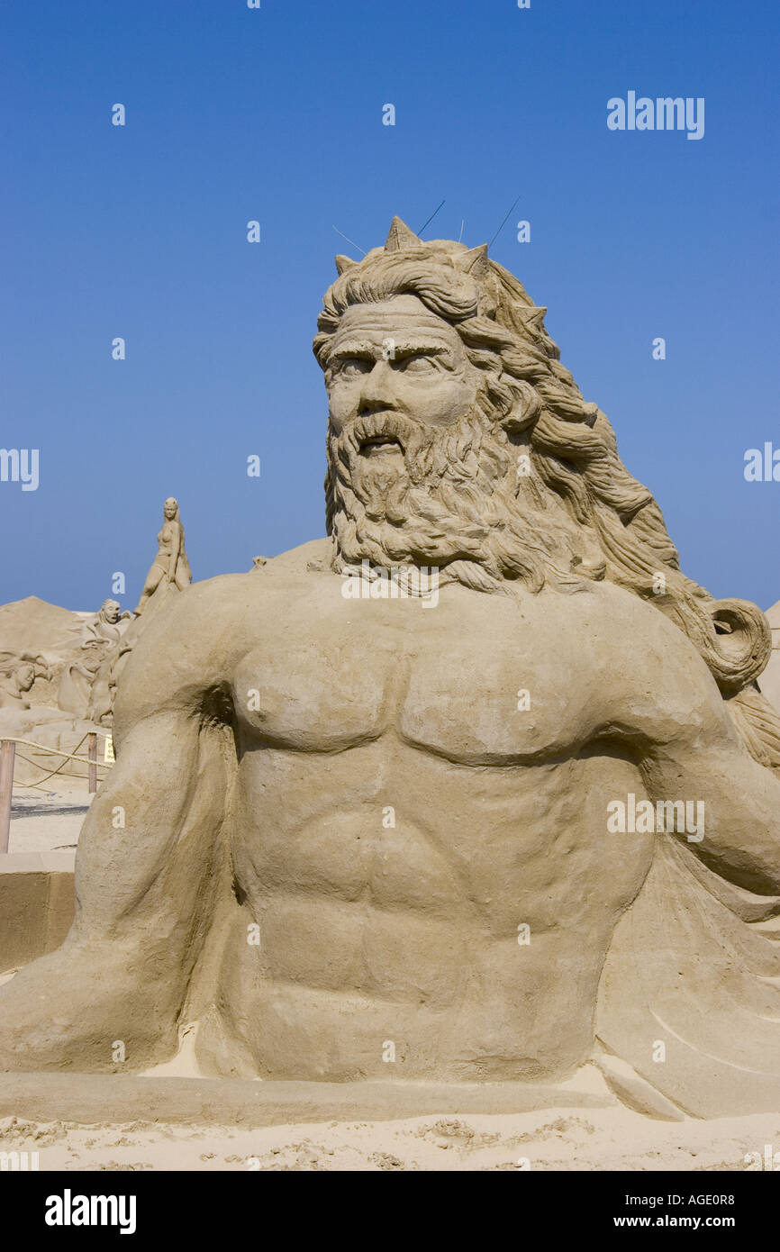 Sand sculpture of Poseidon, the ancient Greek god of sea, displayed on ...