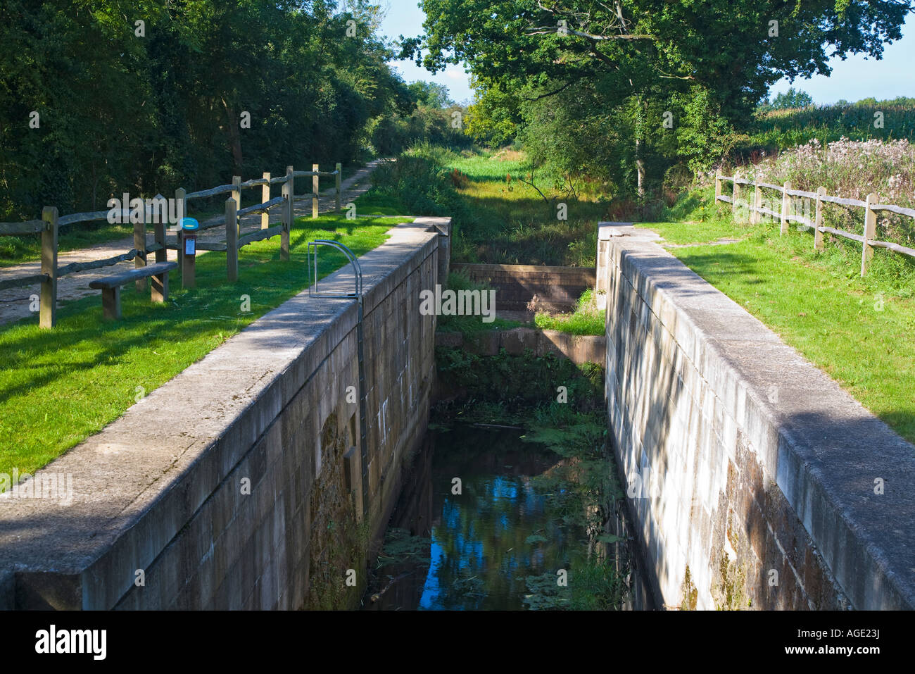 An old disused lock on the Wey Arun Canal near Alfold Surrey, England ...