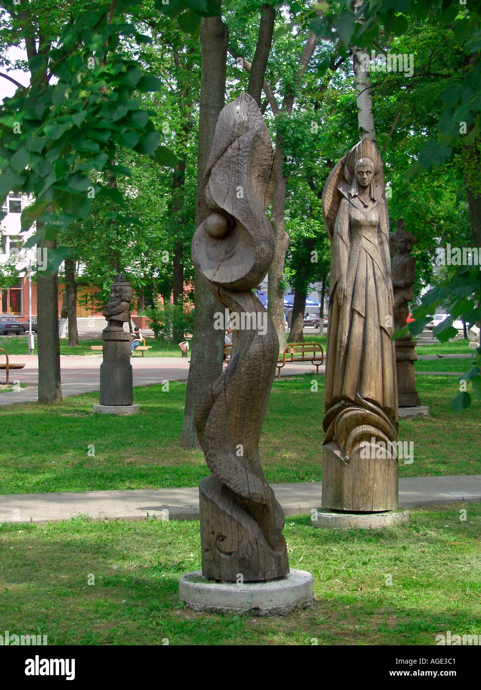 Wood carved statues in town centre Gomel Belarus Stock Photo - Alamy