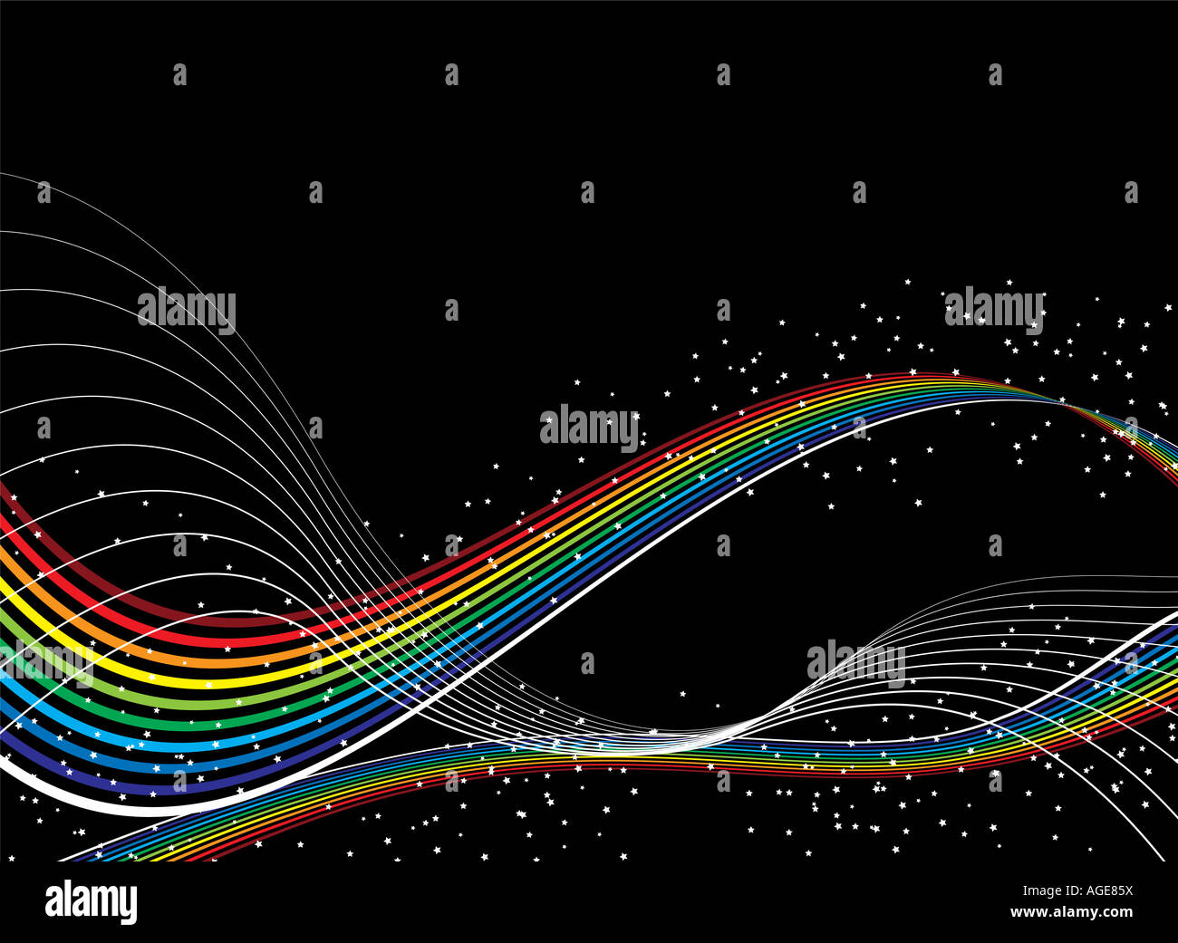 Illustrated space rainbow with flowing white lines and stars Stock ...