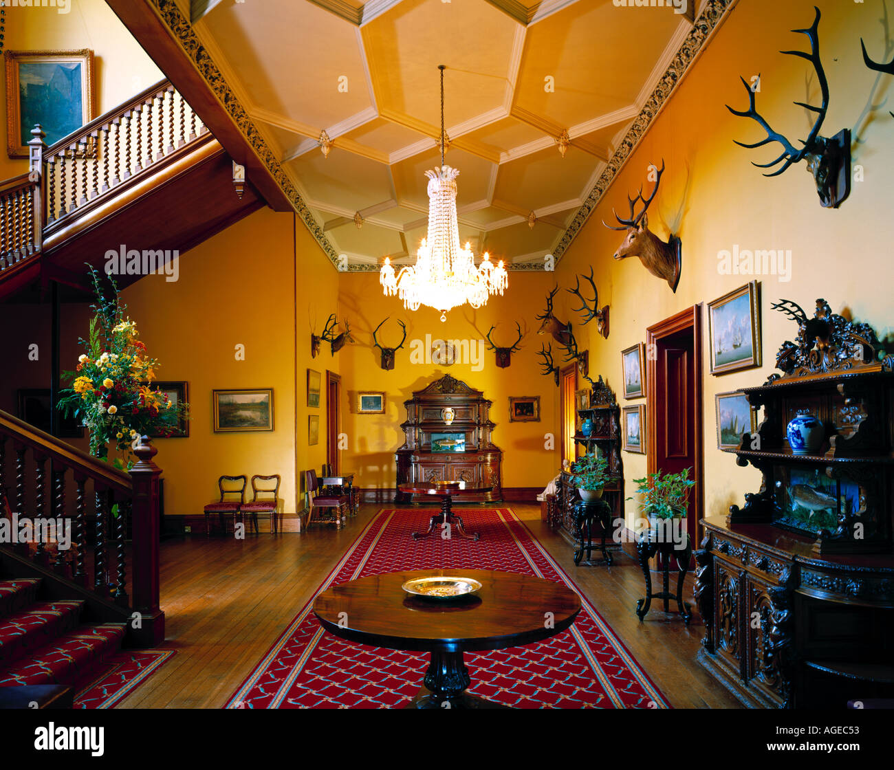 The main hallway of the stately home of Muckross House, Killarney ...