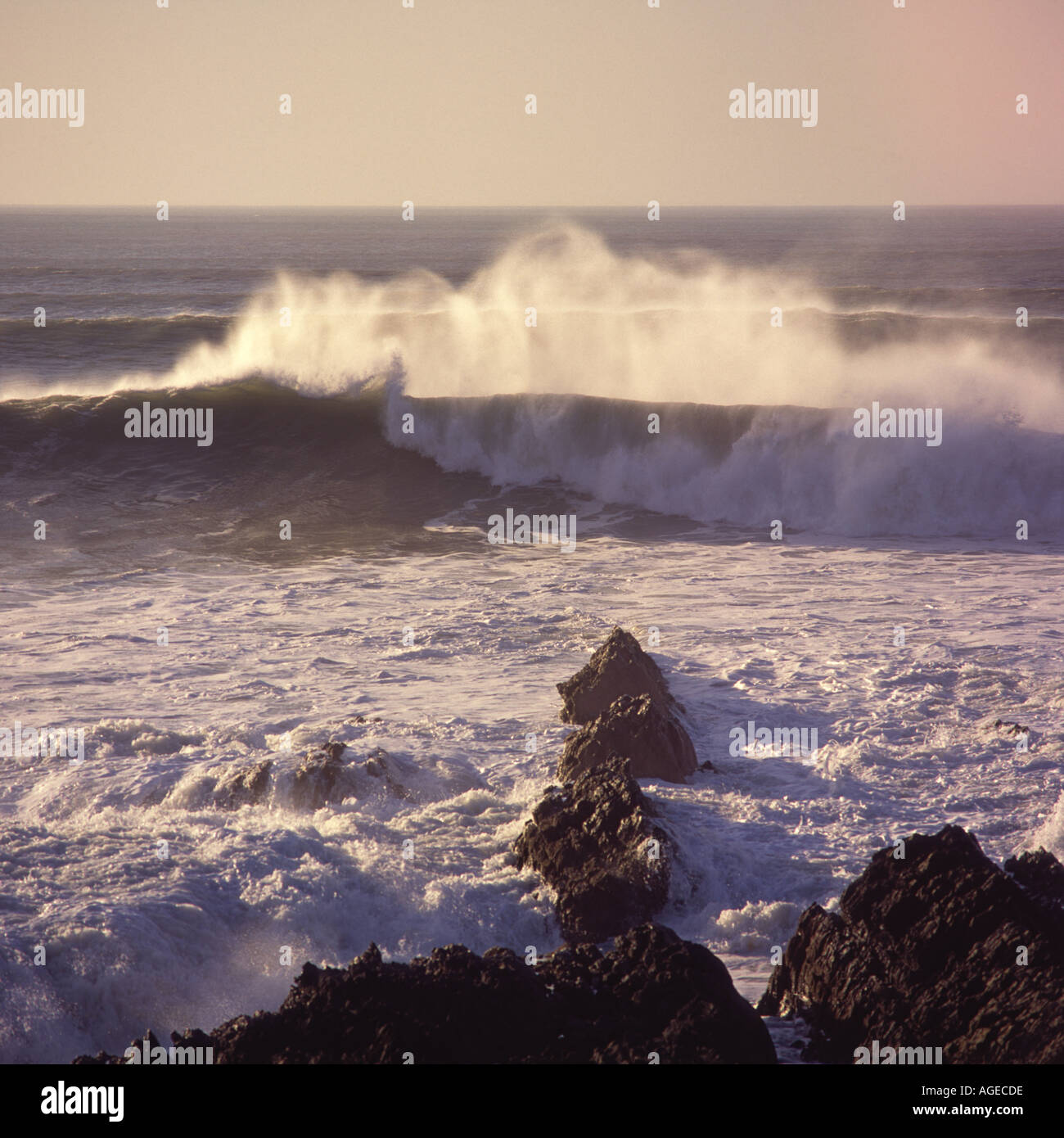 Surf wave breaking at Saunton Point near Croyde Bay emphasized by ...