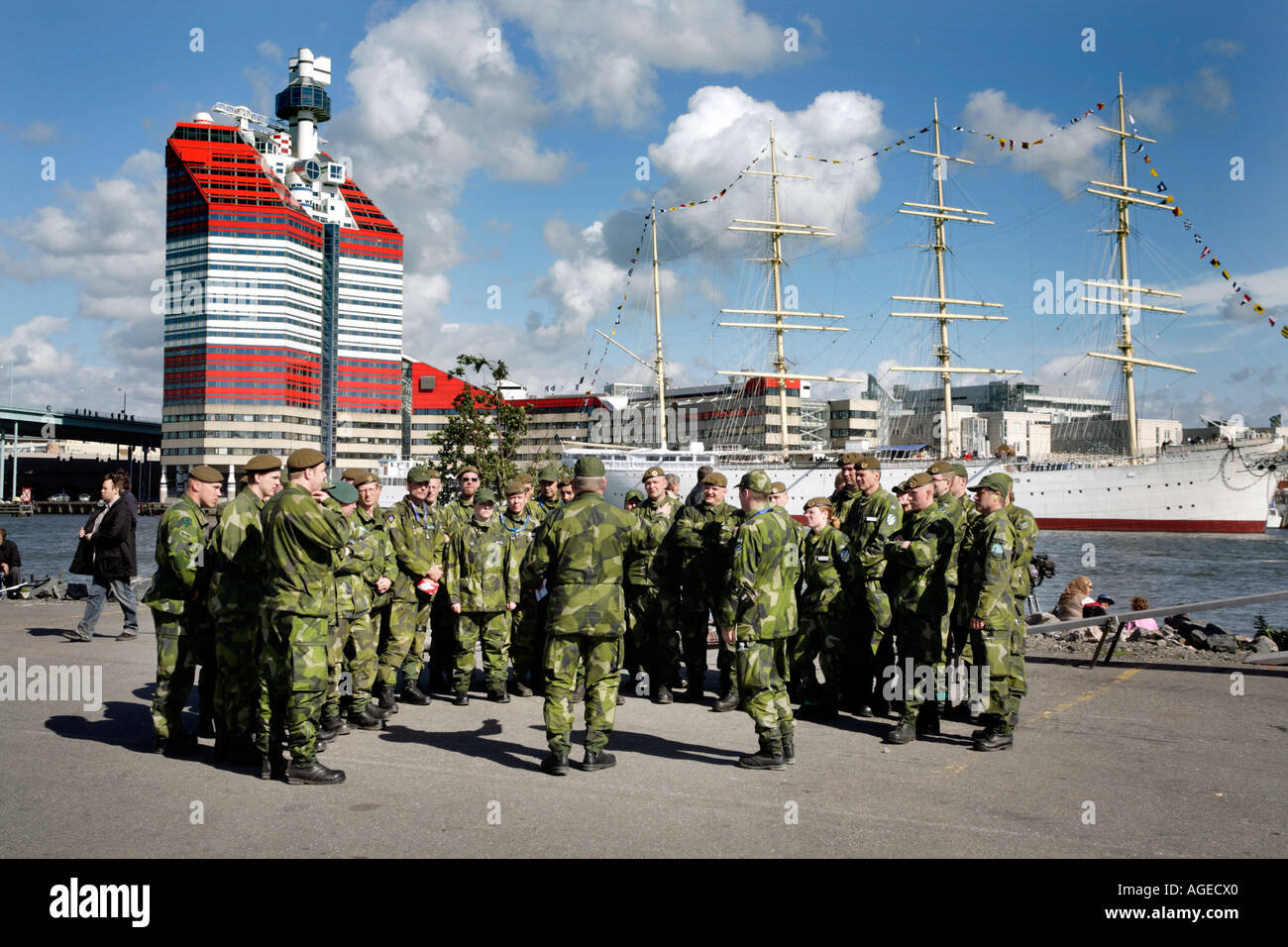 Swedish Home Guard assemble on the waterfront of Gotariver with ...