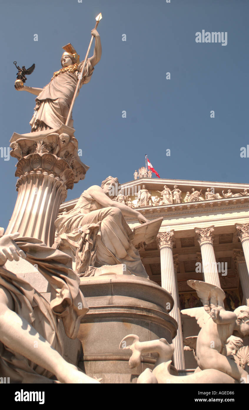 Vienna. Austria. Statue of Athena outside the neoclassical Parliament ...