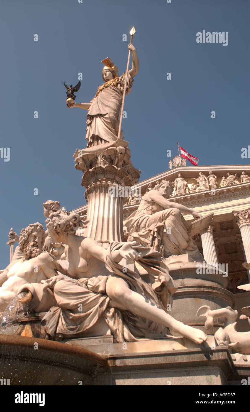 Statue of Athena outside the neoclassical Parliament building. Vienna ...