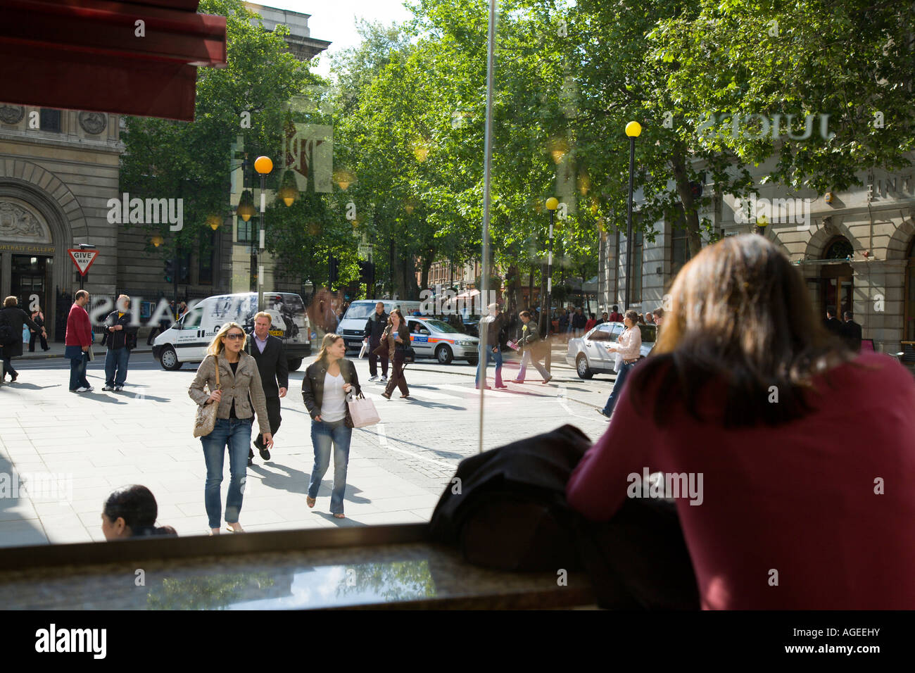 Street scene as viewed from the inside of a London café, UK Stock Photo ...