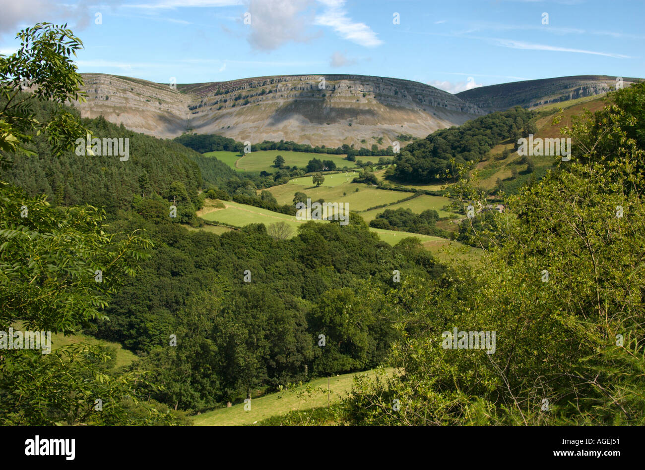 Eglywseg limestone escarpment from Horseshoe Pass near Llangollen Wales ...