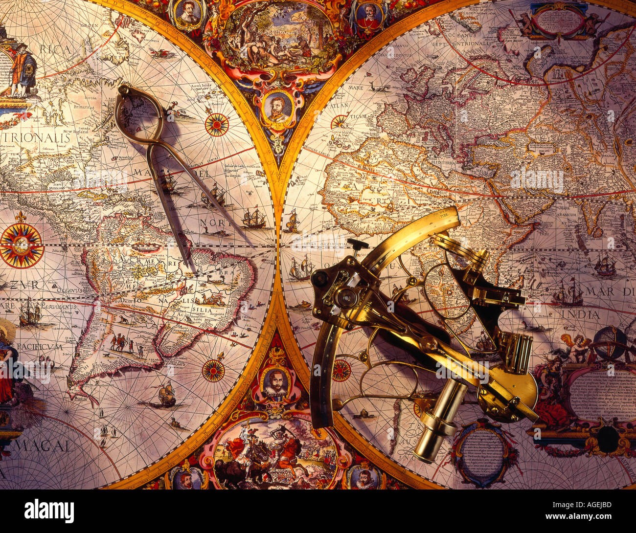 Sextant and dividers on old naval map Stock Photo - Alamy