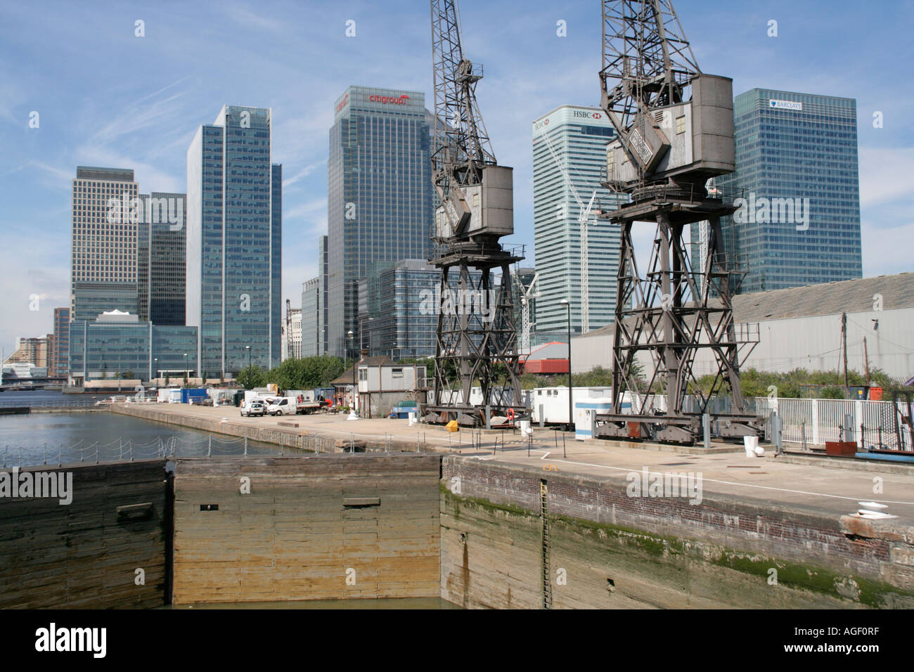 london docklands canary wharf city buildings dockside crane england ...