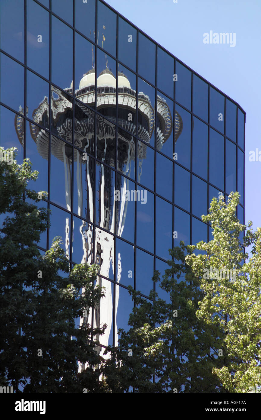 Reflection of the Seattle Space Needle in an office building in Seattle ...
