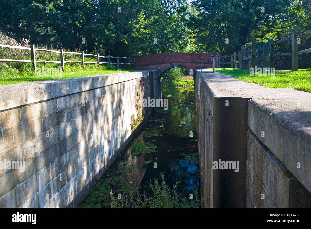 An old disused lock on the Wey Arun Canal near Alfold Surrey, England ...