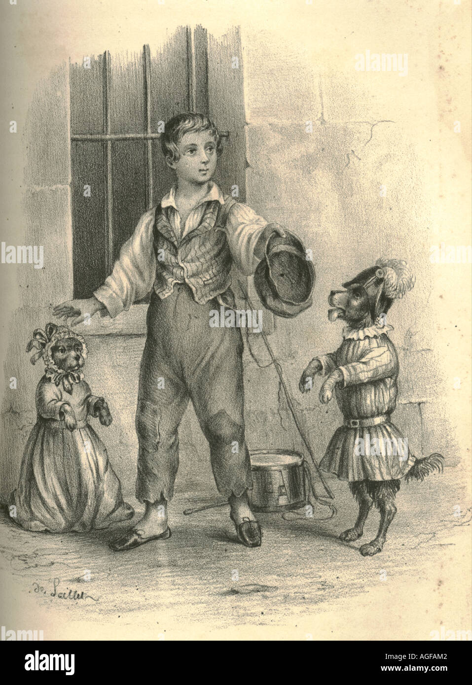 French lithograph of a beggar with performing dogs 1841 Stock Photo - Alamy