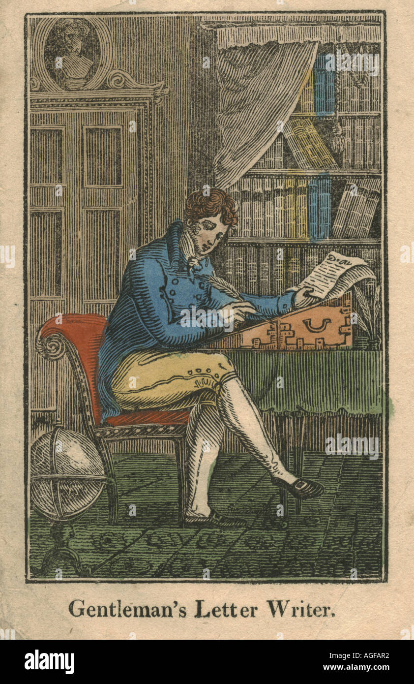 Hand coloured woodcut of Regency gentleman writing a letter circa 1818 ...