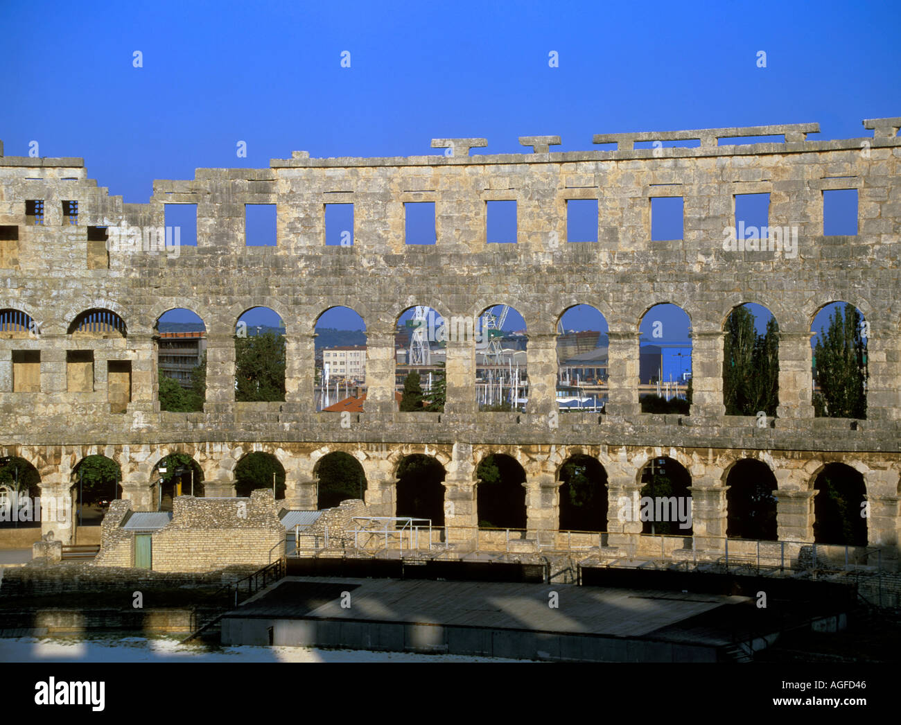 Croatia Istria Pula Roman Amphitheatre Pula Dockyards beyond Stock ...