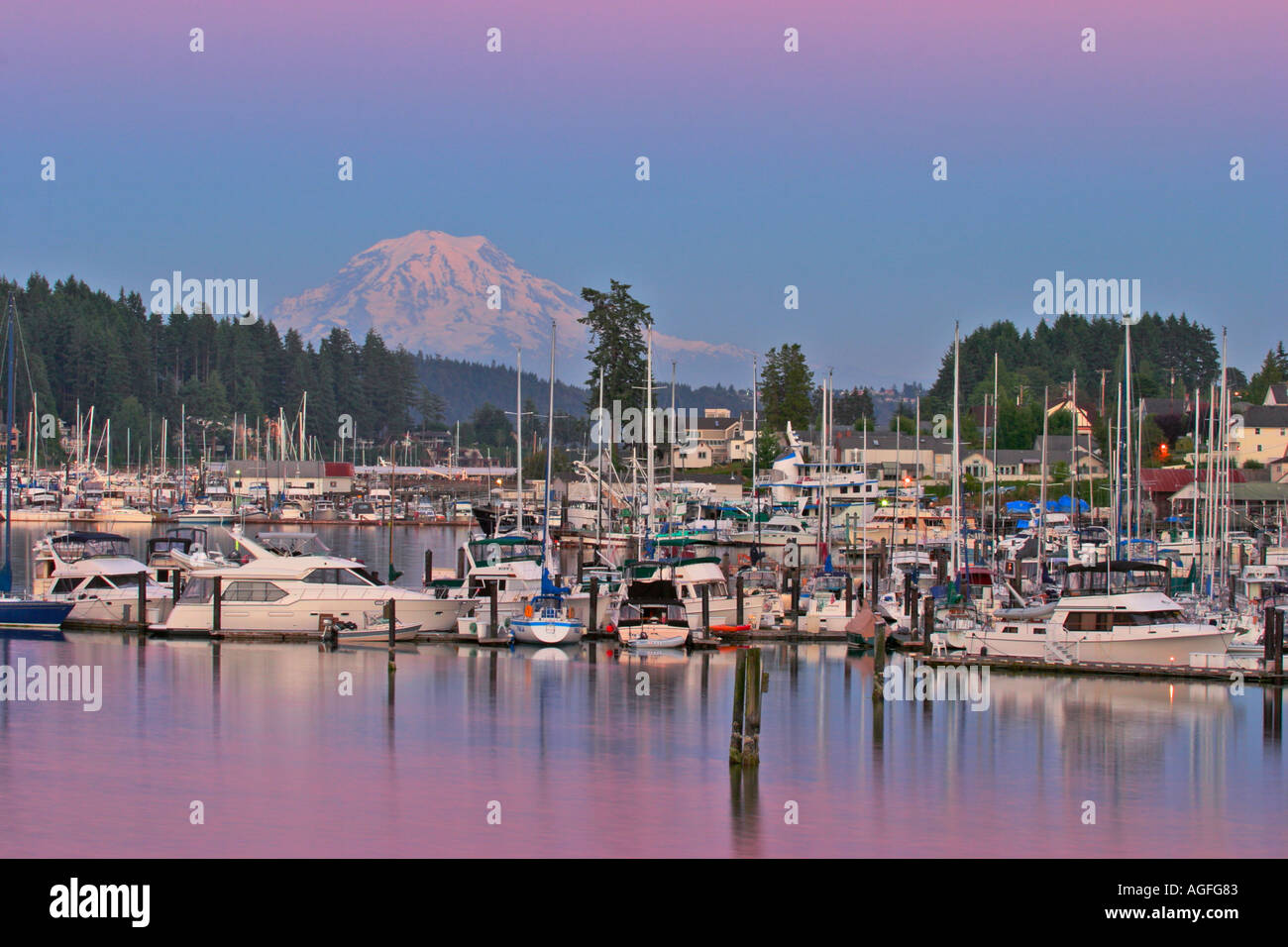 Gig Harbour marina and Mt Rainier after sunset Stock Photo - Alamy