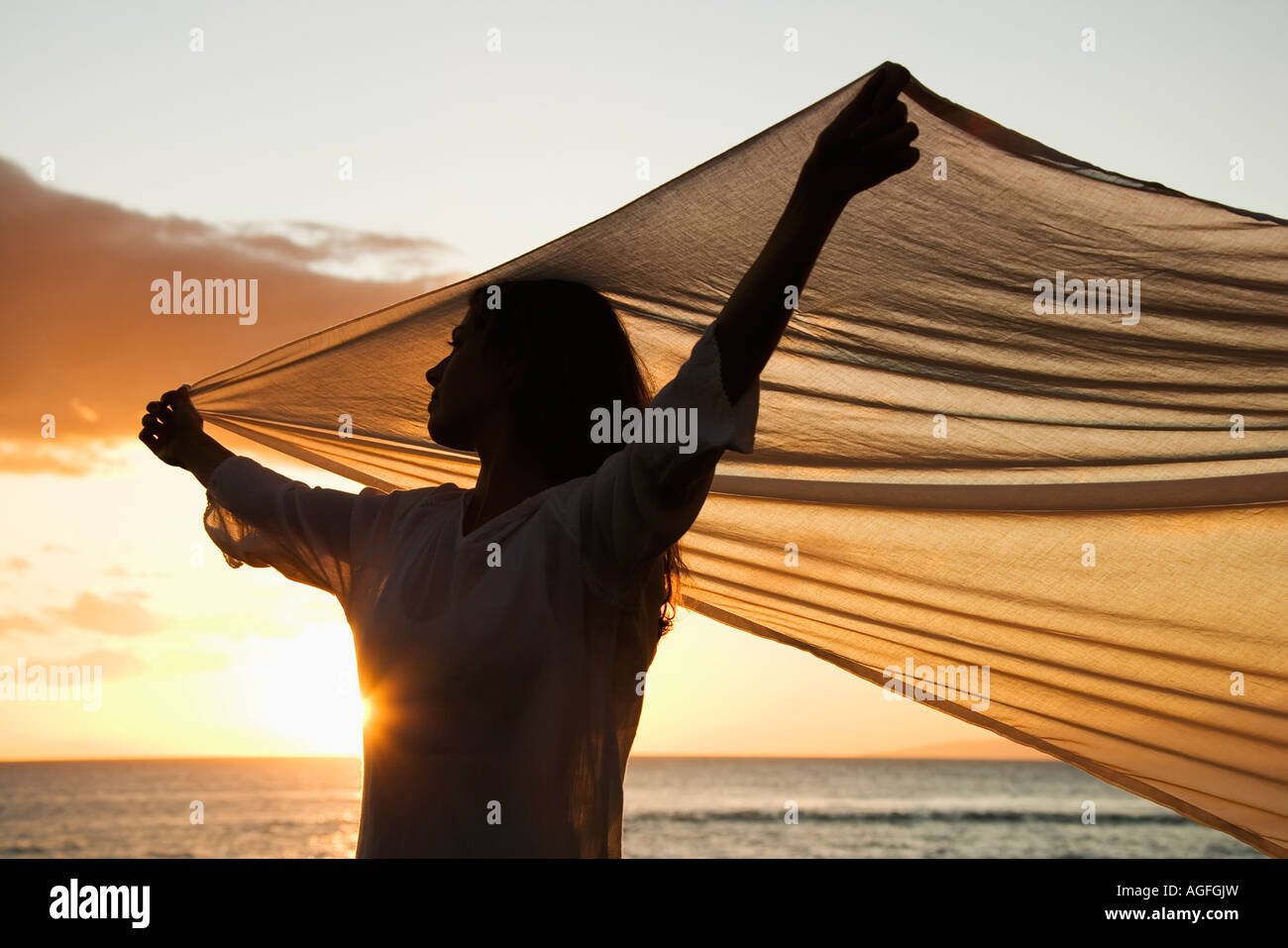 Attractive Caucasian mid adult woman holding up fabric in breeze ...