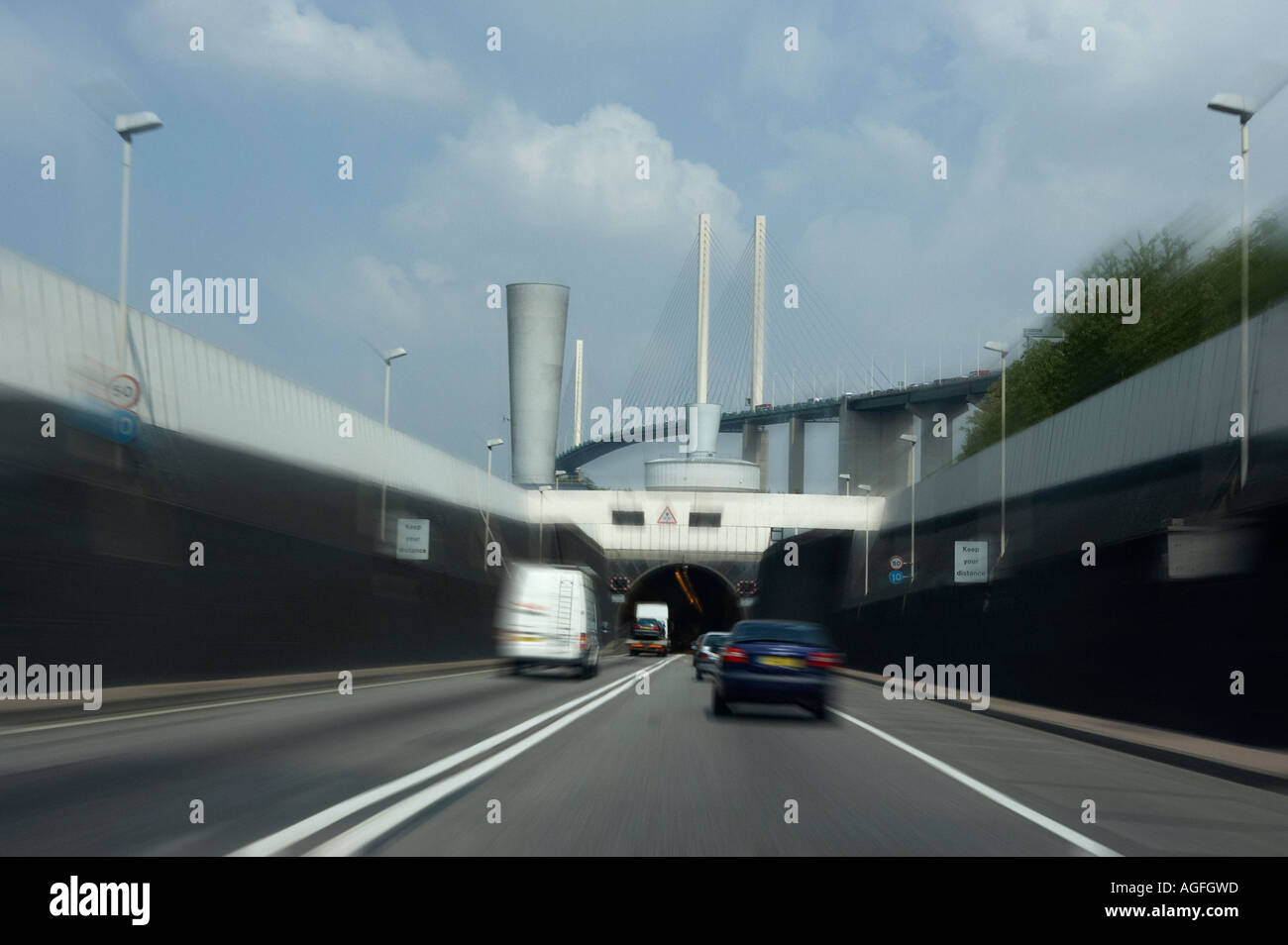 TRAFFIC ENTERING DARTFORD TUNNEL CROSSING RIVER THAMES LONDON ENGLAND ...