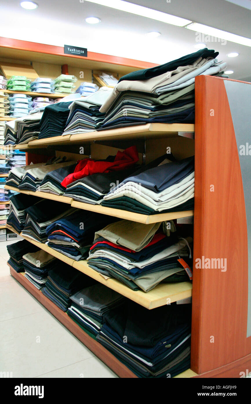 Branded textiles arranged in rack in a modern supermarket at Cochin in ...
