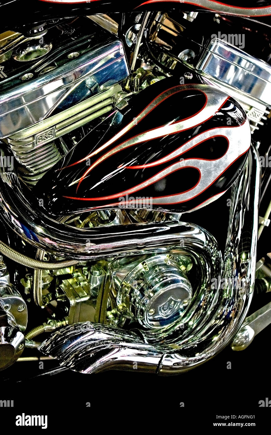 Low angle side view picture of a custom built motorcycle showing chrome ...