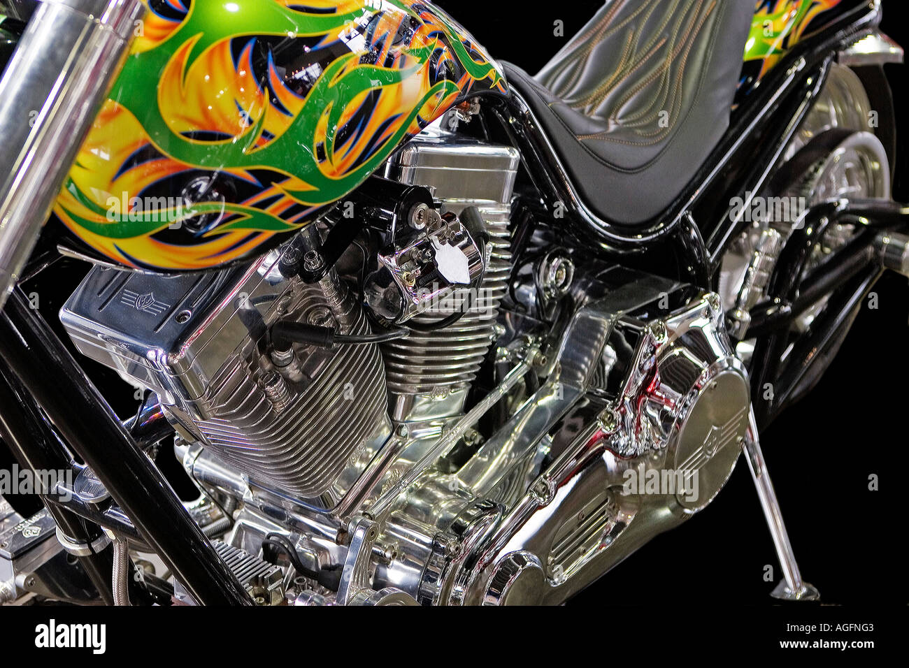 Up close photo low angle side view of a custom built motorcycle chopper ...