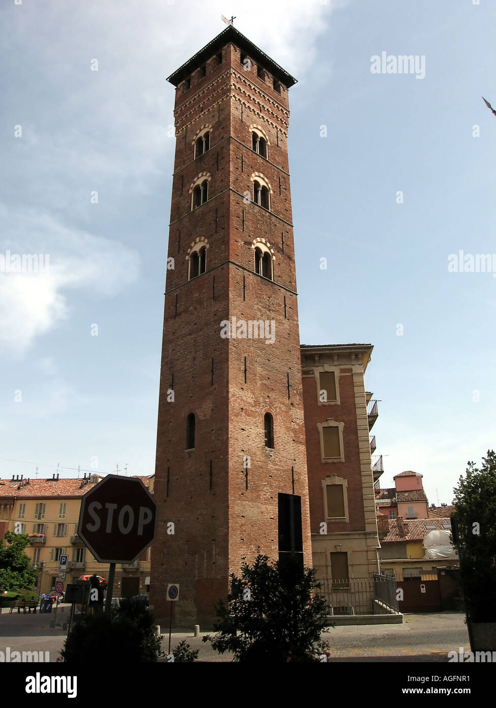 Square tower torre troyana with roman gothic style in Piazza Medicis in ...