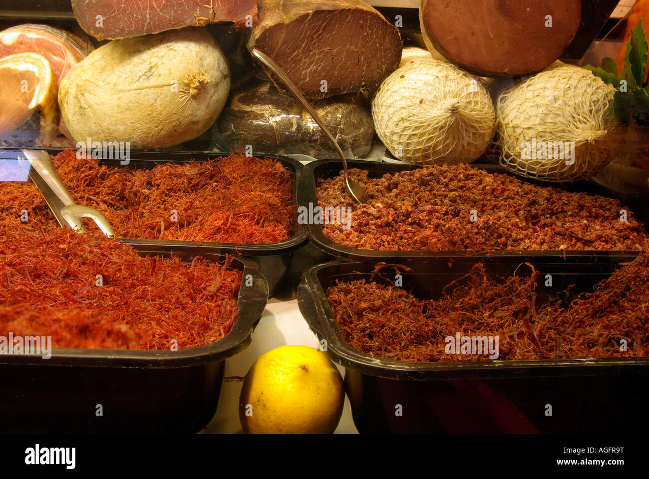 Padua Padova horse meat, dried and as salami in food market in Palazzo ...