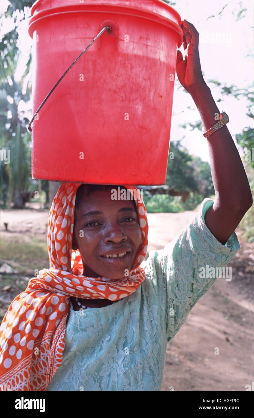 Local woman carrying water Wearing a colourful kanga on her head Chole ...
