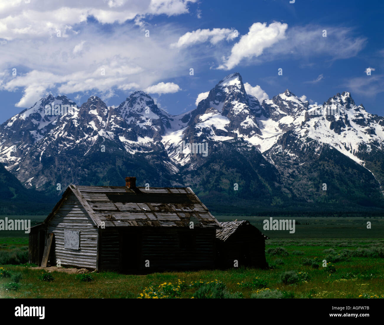 Grand Teton National Park in Wyoming with an old settler cabin and the ...