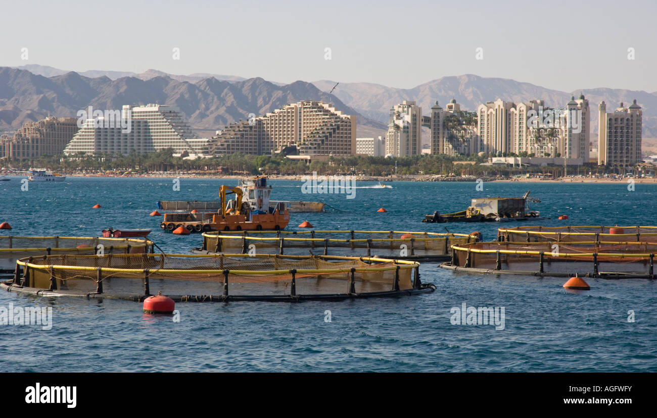 Israel Red Sea Eilat fish farms in the sea view of net fish ponds in ...