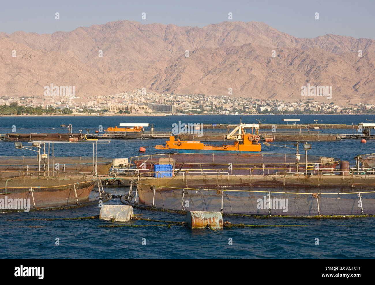 Israel Red Sea Eilat fish farms in the sea view of net fish ponds in ...