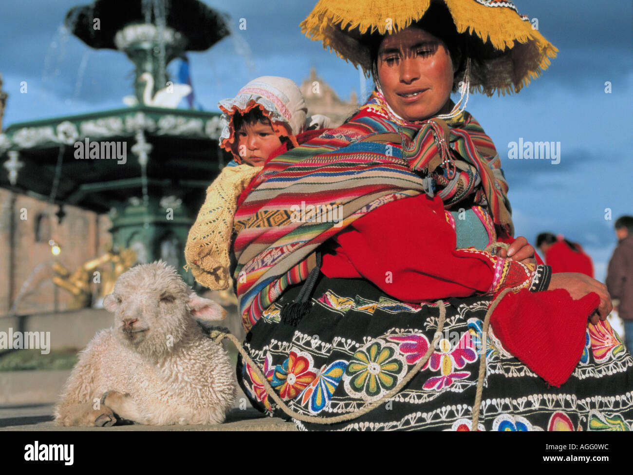lamb with woman and child in traditional clothing, Arequipa, Peru Stock ...