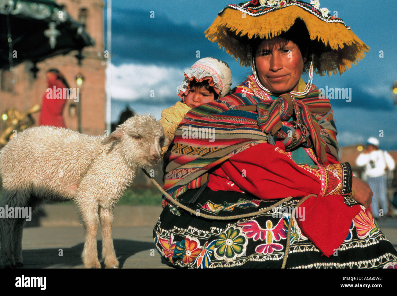 lamb with woman and child in traditional clothing, Arequipa, Peru Stock ...