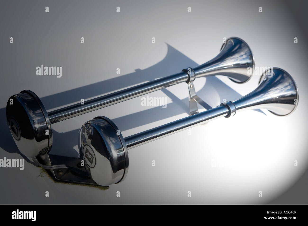 Chromium plated horn on a speedboat Stock Photo - Alamy