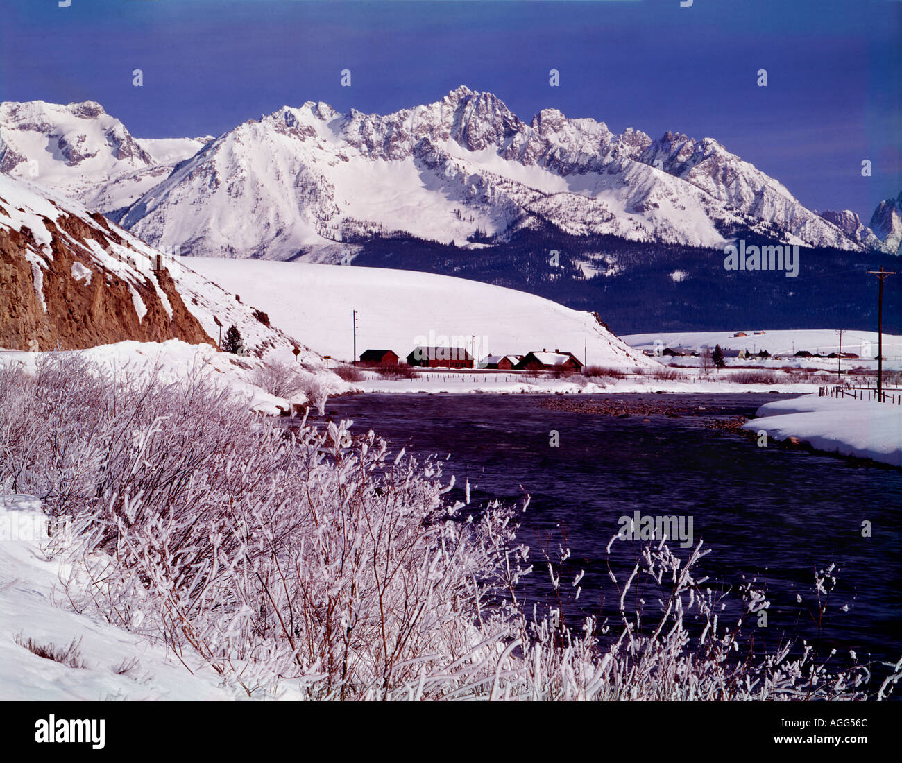 Salmon River flows through snowy landscape of the Sawtooth National ...