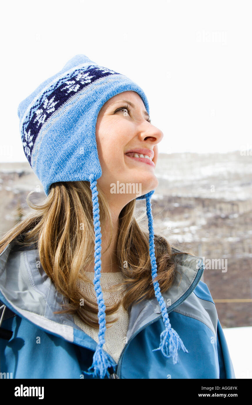Side view head and shoulder of attractive smiling mid adult Caucasian ...