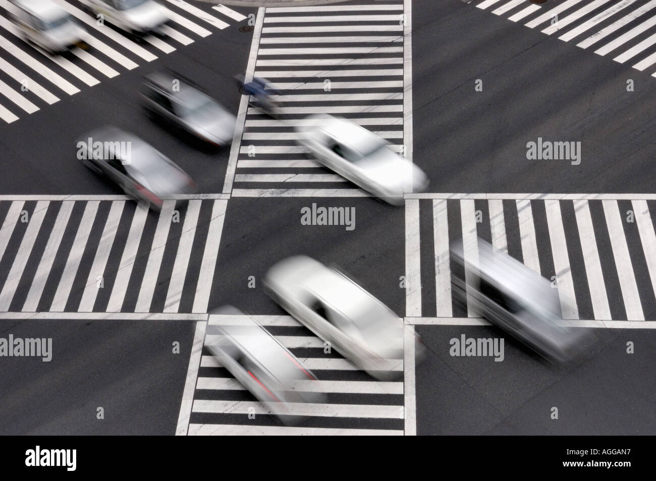 aerial view of traffic at intersection during rush hour, Ginza, Tokyo ...