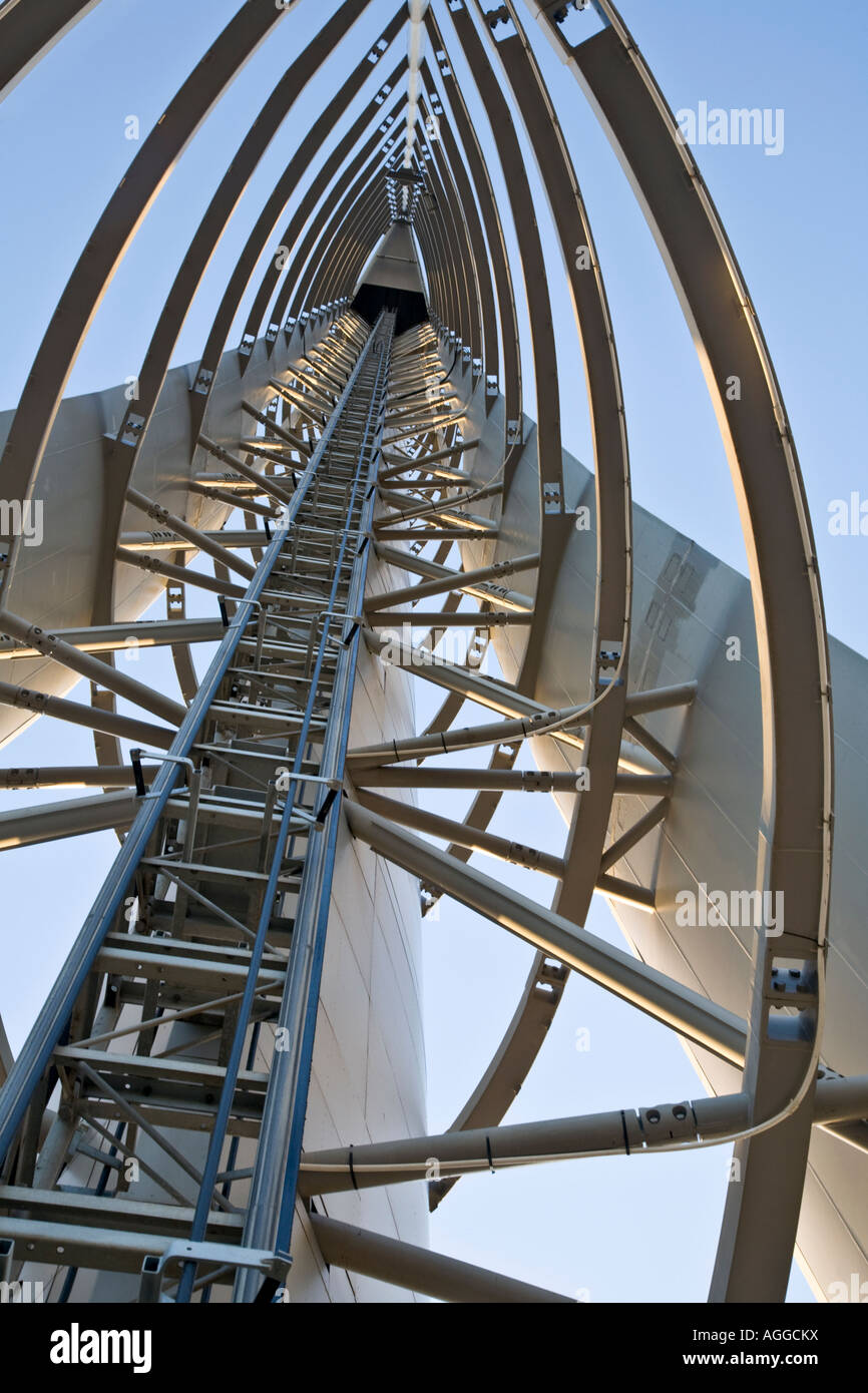 Looking up inside the skeleton like structure of the Glasgow Tower ...