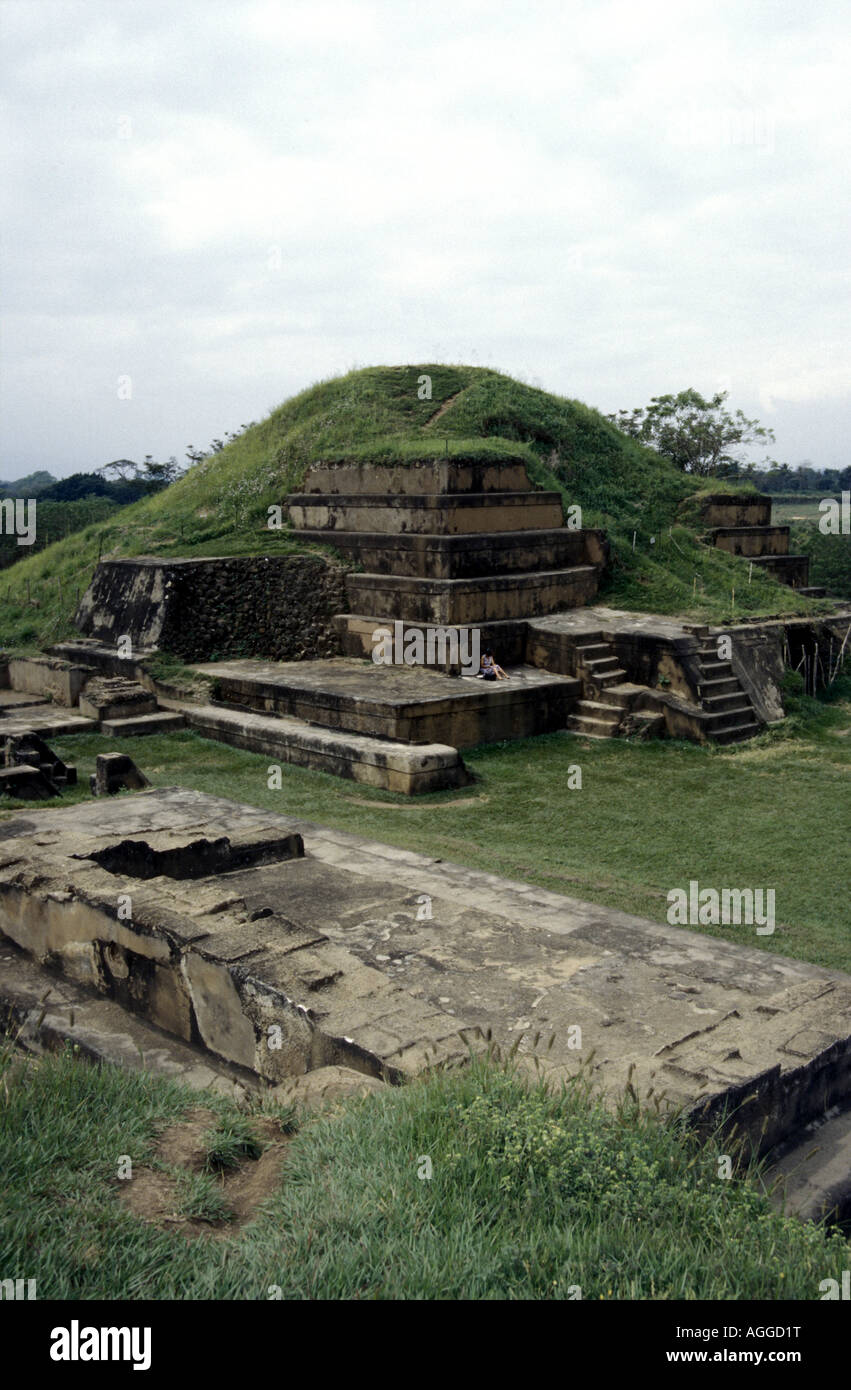 Partially restored main pyramid La Campana and plaza at the Mayan ruins ...