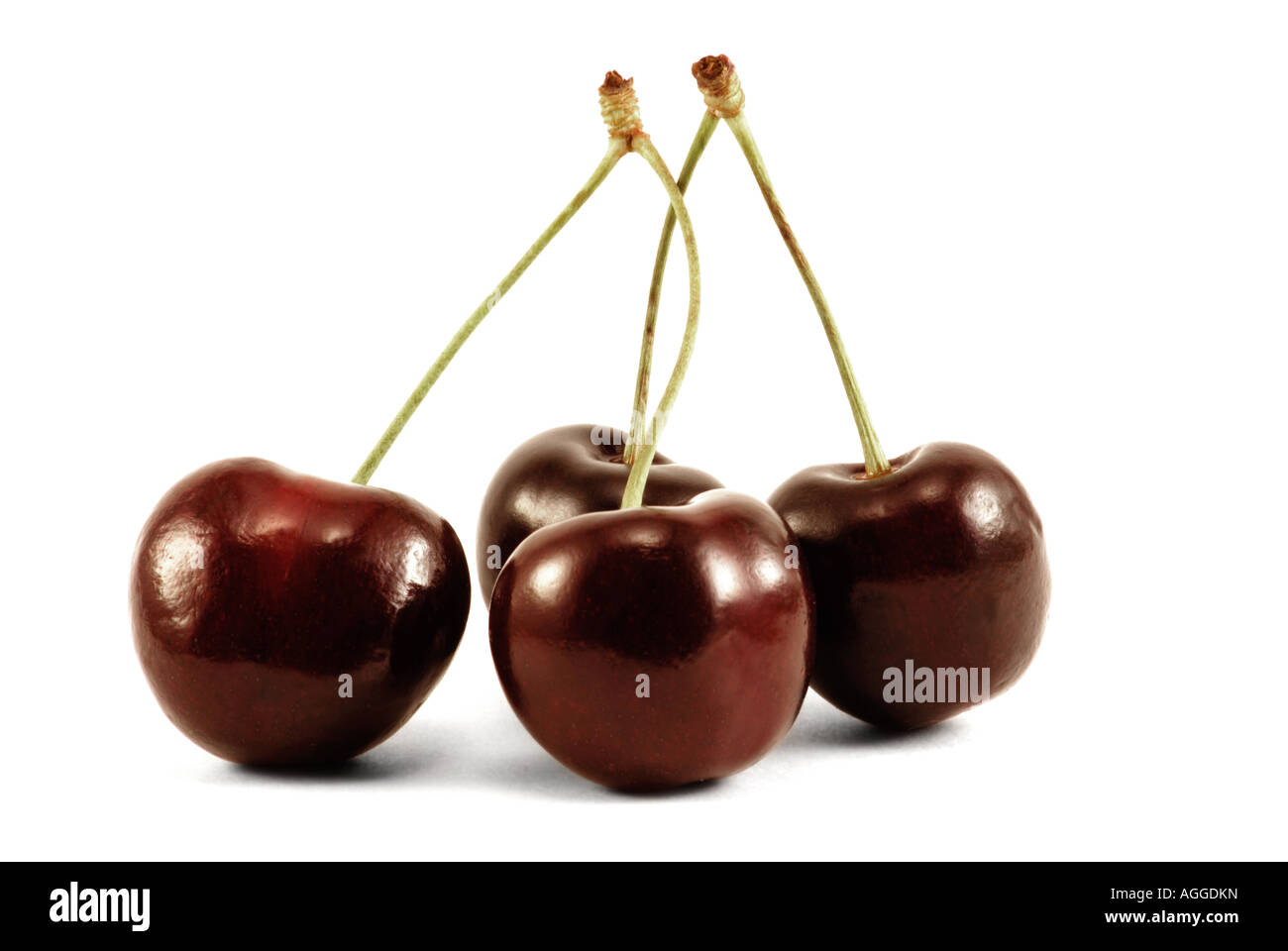 Four sweet cherries are photographed on a white background Stock Photo ...