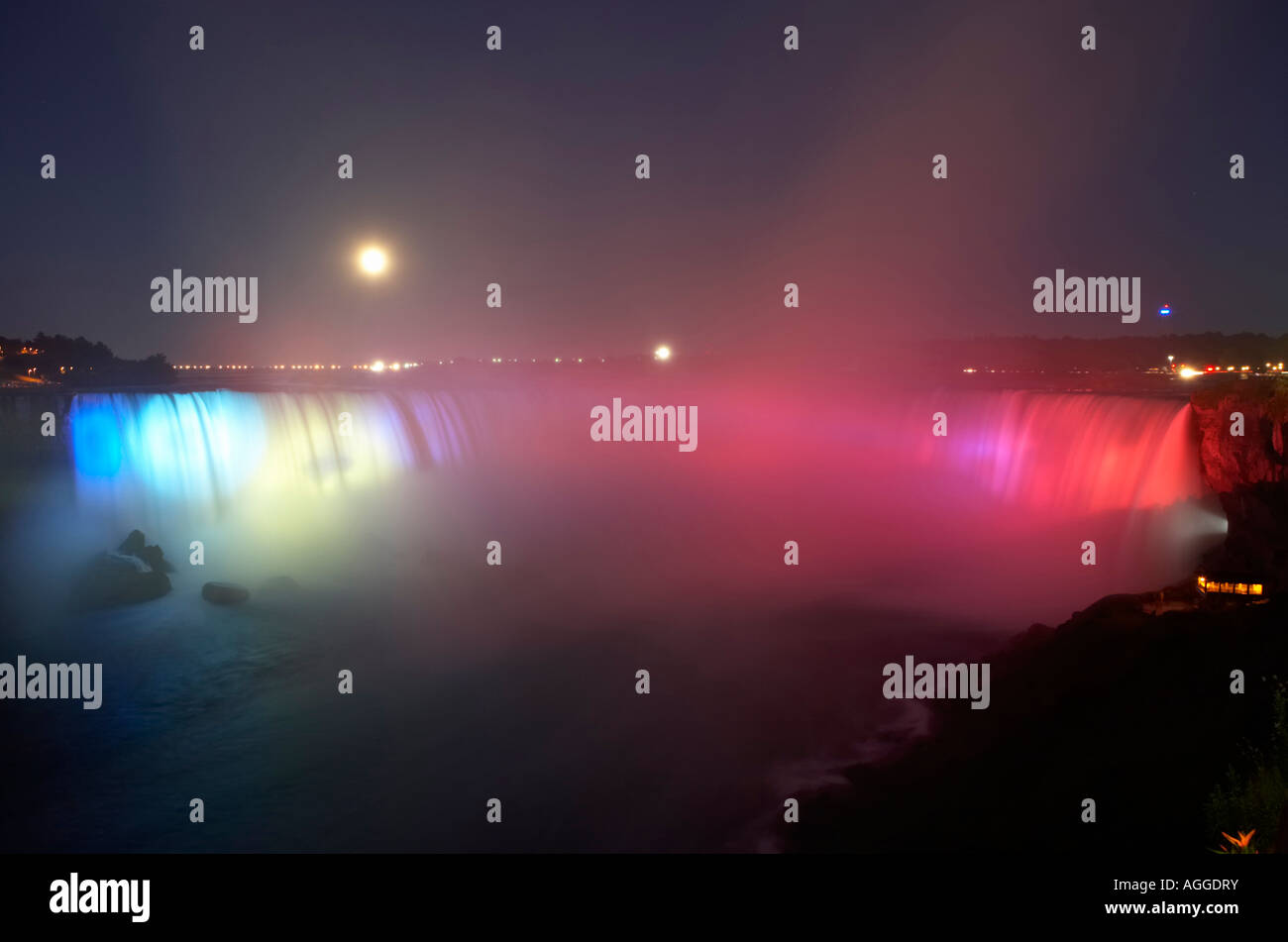 The illuminated Horseshoe Falls and a full moon, Niagara Falls, Canada ...
