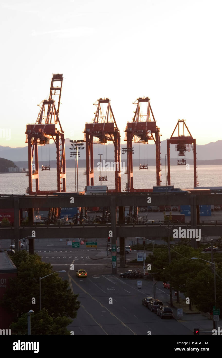 Large cranes on the Seattle Washington waterfront used for unloading ...