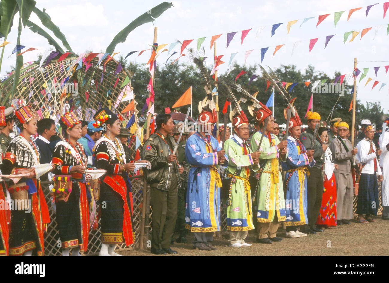 Group of northern Myanmar tribal men joined by the local gereral and ...