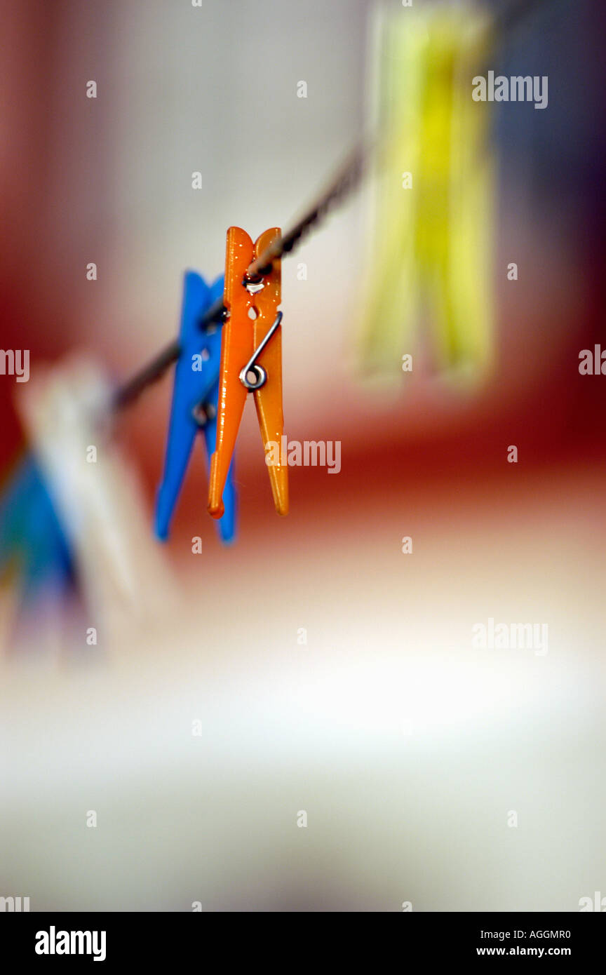 clothespeg, clothespin on clothesline Stock Photo - Alamy