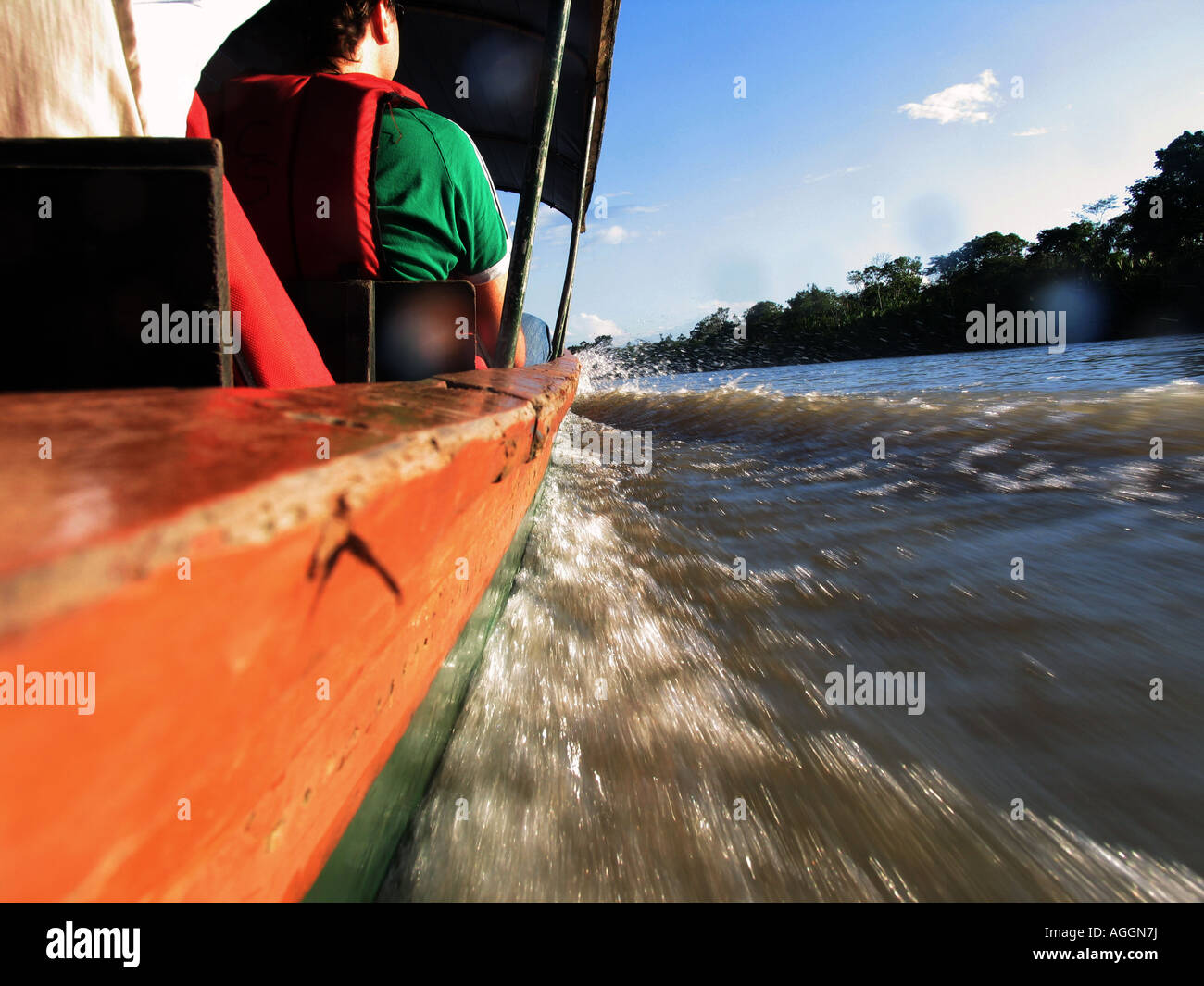 Typical wooden boat on Napo River in ecuadorian Amazon Rainforest Stock ...