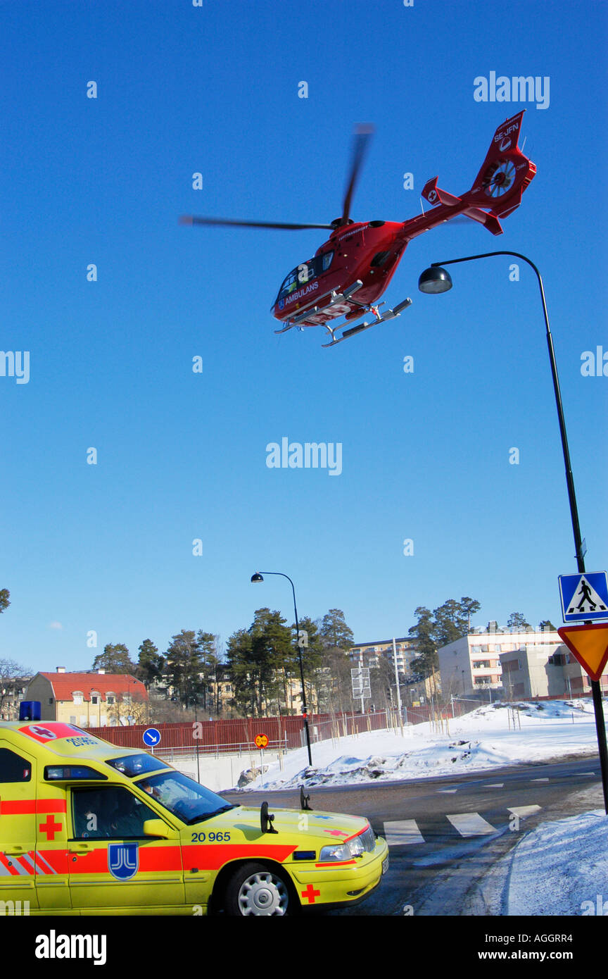 emergency helicopter / ambulance at accident scene, Stockholm, Sweden ...