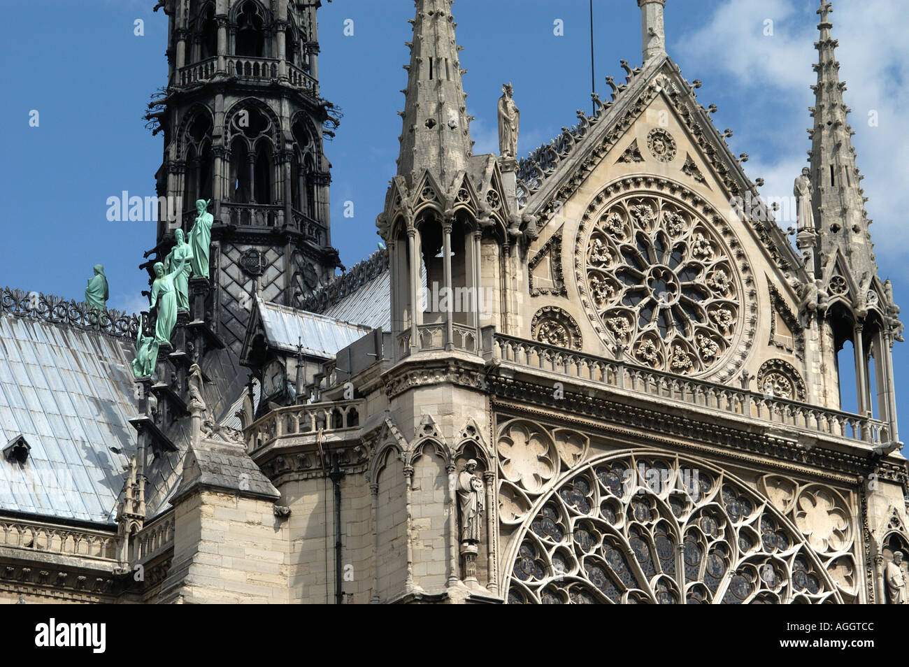 Early gothic spires and windows of Notre Dame Cathedral Paris France ...